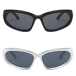 BUTABY Wrap Around Fashion Sunglasses for Women Men Oval Dark Futuristic Sun Glasses Outdoor Sport Shades UV400 Protection Black & Silver Grey