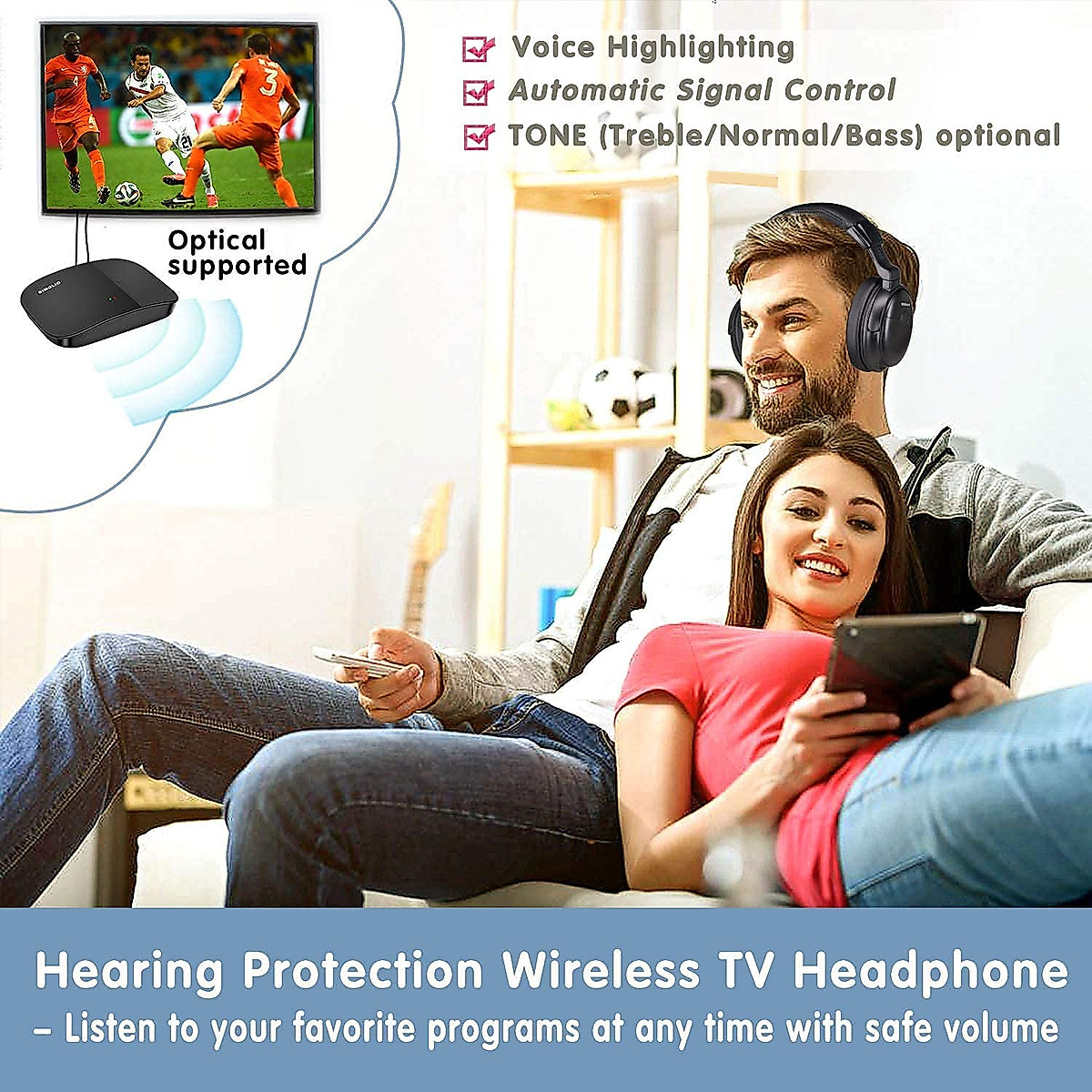SIMOLIO 2.4GHz Wireless Headphones for TV with Spare Battery, Optical, RCA and AUX Audio Output Supported