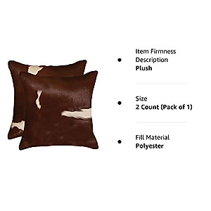 Set of 2, Natural Torino Cowhide Throw Pillows with Poly Insert | Kobe Accent Pillows Handcrafted from 100% Cow Hide, Brown & White, 18 in x 18 in