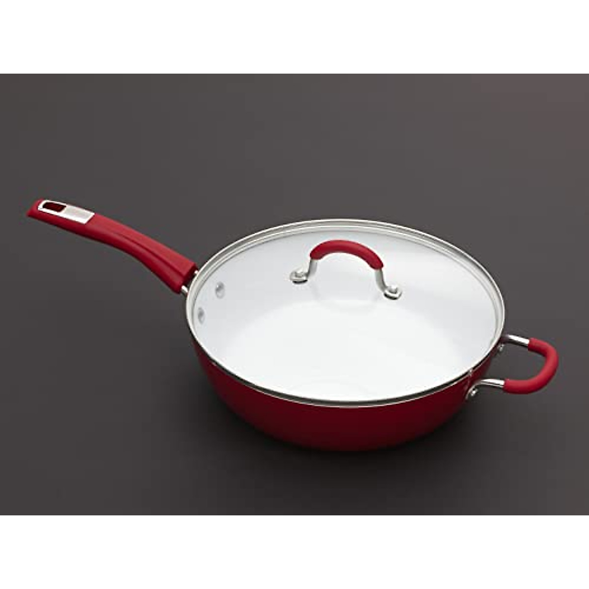 Bialetti Aeternum Nonstick White Ceramic Cookware, 12" Covered Lid Saute Pan, Red & White