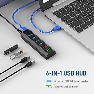 USB Hub, Aiibe 6 Ports Super High Speed USB 3.0 Hub Splitter + 24W Power Adapter + USB 3.0 Cable, Black Smart Fast Charger Powered USB Hub for Laptop, Mac, PC, Mobile HDD, Mulitple Devices
