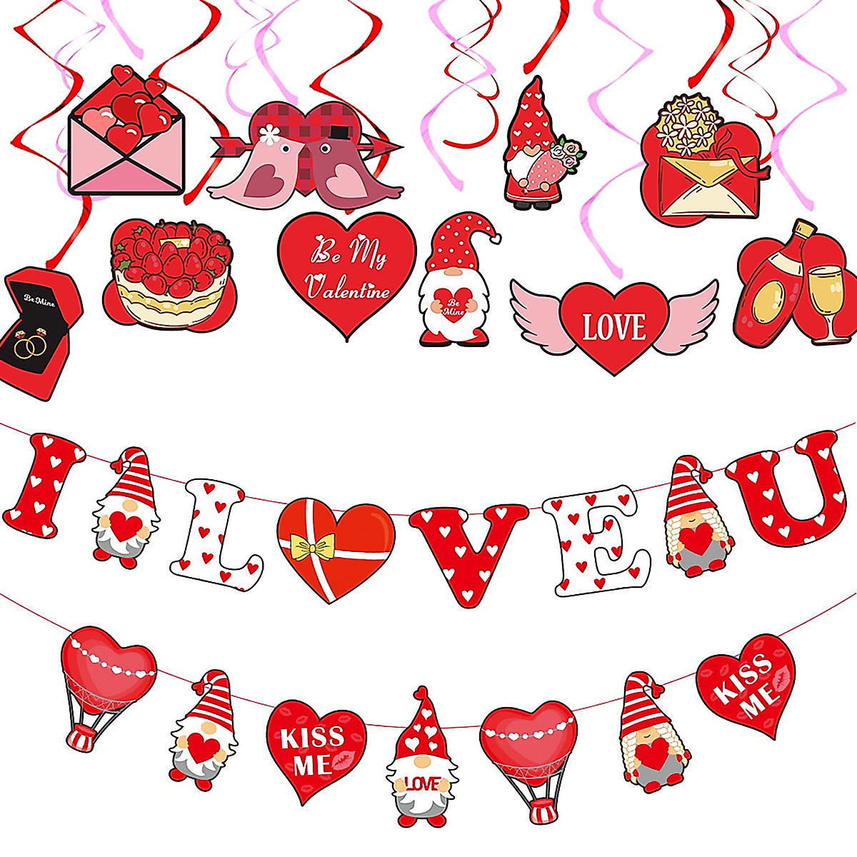 Valentines Day Decoration Kit 2pcs Valentines Day Banner 14pcs Hanging Swirls Valentines Day Decor for Valentine's Day Supplies Wedding Party Decorations