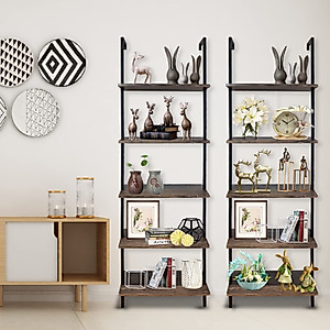 Wolawu 5 Tiers Ladder Shelf 2-Piece Black Modern Tall Bookshelf Open Large Tall Wall Mount Storage Bookcase Standing Leaning Wall Shelves Industrial Decorative