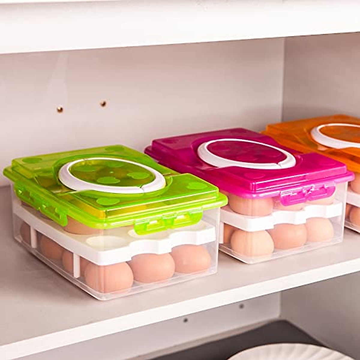 HOTUMN 2 Tiers Deviled Egg Containers with Lid & Holder Plastic Egg Holders Clear Egg Tray Egg Carrier Fridge Freezer Food Storage (Green) 24 eggs