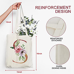BeeGreen Initial Tote Bag Personalized Gift Tote Bag with 2 Inner Pockets Floral Canvas Tote Bag for for Women Monogram Tote Bag for Bridesmaid Wedding Day Bachelorette Shower Party (Letter S)