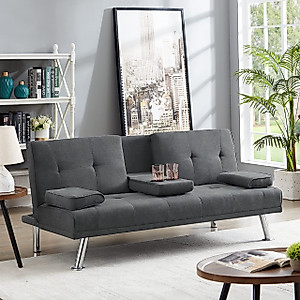 DKLGG Convertible Futon Sofa Bed, Upholstered Sofa Couch, Recliner Loveseat Folding Daybed with 2 Cup Holders and Removable Armrests Sleeper Sofa for Small Space, Home, Living Room, Dark Gray