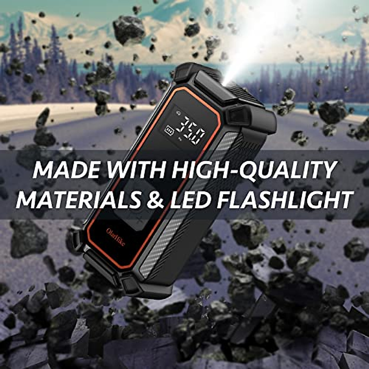 OlarHike Portable Tire Inflator - Air Compressor for Car Tires with Automatic Shutoff - 120 psi Digital Pressure Gauge and Emergency LED Light - Cordless and Compact Automotive Pump - Black and Orange