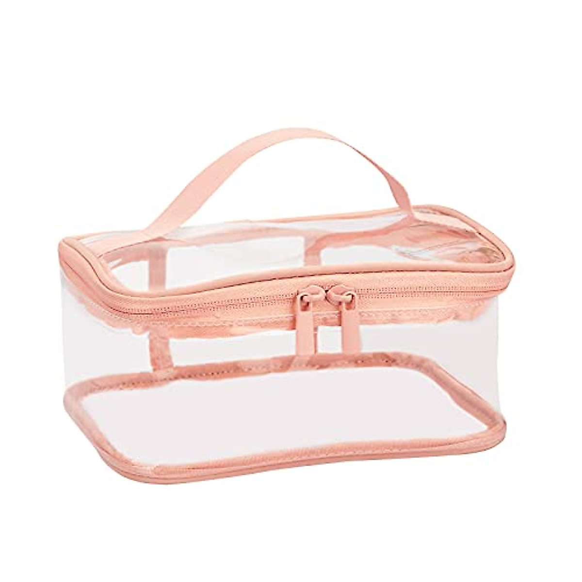 HAOGUAGUA Tsa Approved Clear Travel Toiletry Makeup Bags with Zipper and Handle Waterproof Transparent PVC Cosmetic Bag (Medium, Pink)
