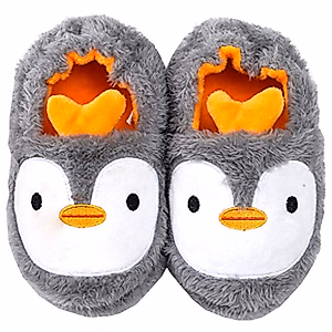 DADAWEN Toddler Boys Girls Soft Plush Slippers Cartoon Cute Animal Warm House Shoes Grey/Penguin US Size 11-12 Little Kid