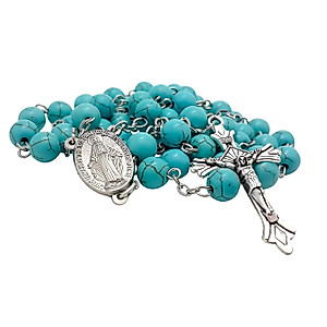 Nazareth Store Sky Blue Marble Stone Beads Rosary Turquoise Beaded Necklace Catholic Miraculous Medal & Jesus Cross