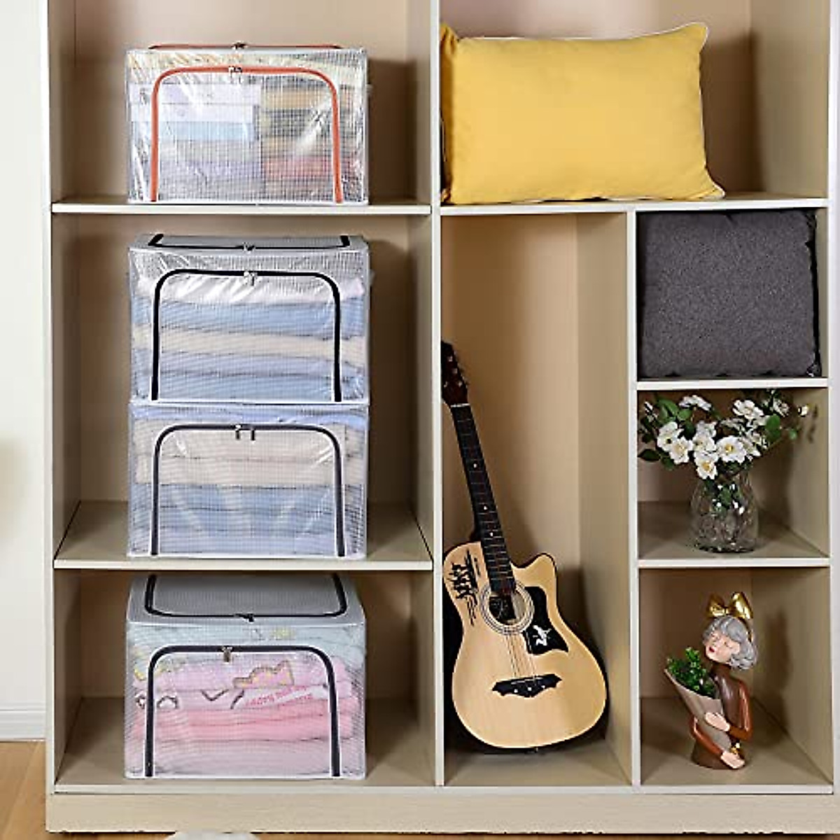 Kaysun Stackable Closet Clear Storage Bins with Lids Waterproof Foldable Steel Frame Storage Box for Clothes 66L Baby Cloth Storage bag Organizer for Bedding Clothing Toy(2-Pack 66L+2-pack 22L）)