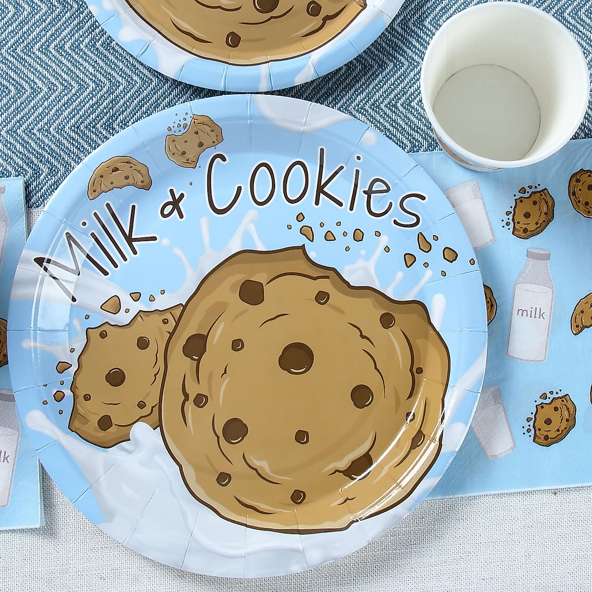 Milk & Cookies Party Supplies - Serves 24. Dinner, Dessert Plates, Cups, Napkins. Chocolate Chip Cookie Birthday Decorations for Kids, Boys, Girls & More