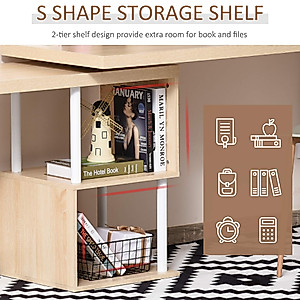 HOMCOM 55" 360 Degree Rotating Corner L-Shaped Computer Desk with Storage Shelves, Home Office Study Writing Workstation Modern Space-Saving Design, Oak