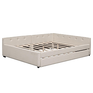 SOFTSEA Queen Upholstered Daybed with Trundle, Modern Corner Daybed with USB Ports & Twin Trundle Bed, Linen Fabric Floor Sofa Bed Frame with Low Backrest for Kids Teens Adults, Beige