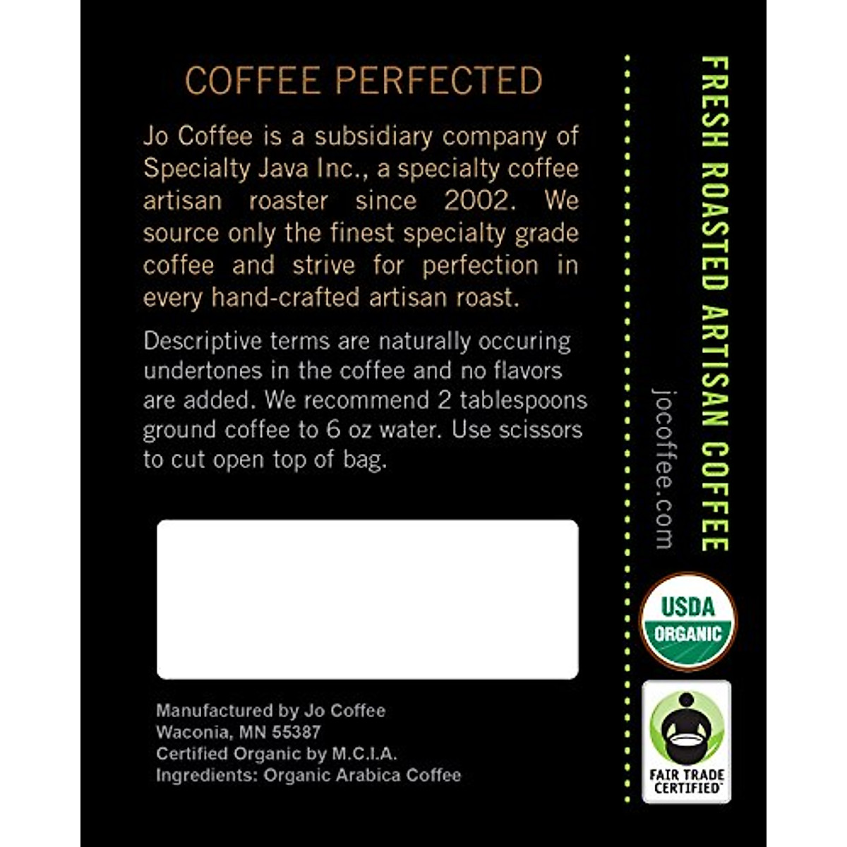 COLOMBIA JO: 12 oz, Organic Ground Colombian Coffee, Medium Roast, Fair Trade Certified, USDA Certified Organic, 100% Arabica Coffee, NON-GMO, Gluten Free, Gourmet Coffee from Jo Coffee