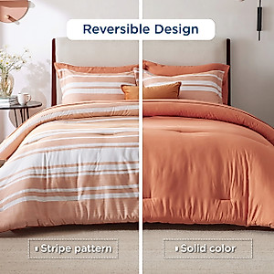 Bedsure Bed in a Bag Queen Size 7 Pieces, Burnt Orange White Striped Bedding Comforter Sets All Season Bed Set, 2 Pillow Shams, Flat Sheet, Fitted Sheet and 2 Pillowcases