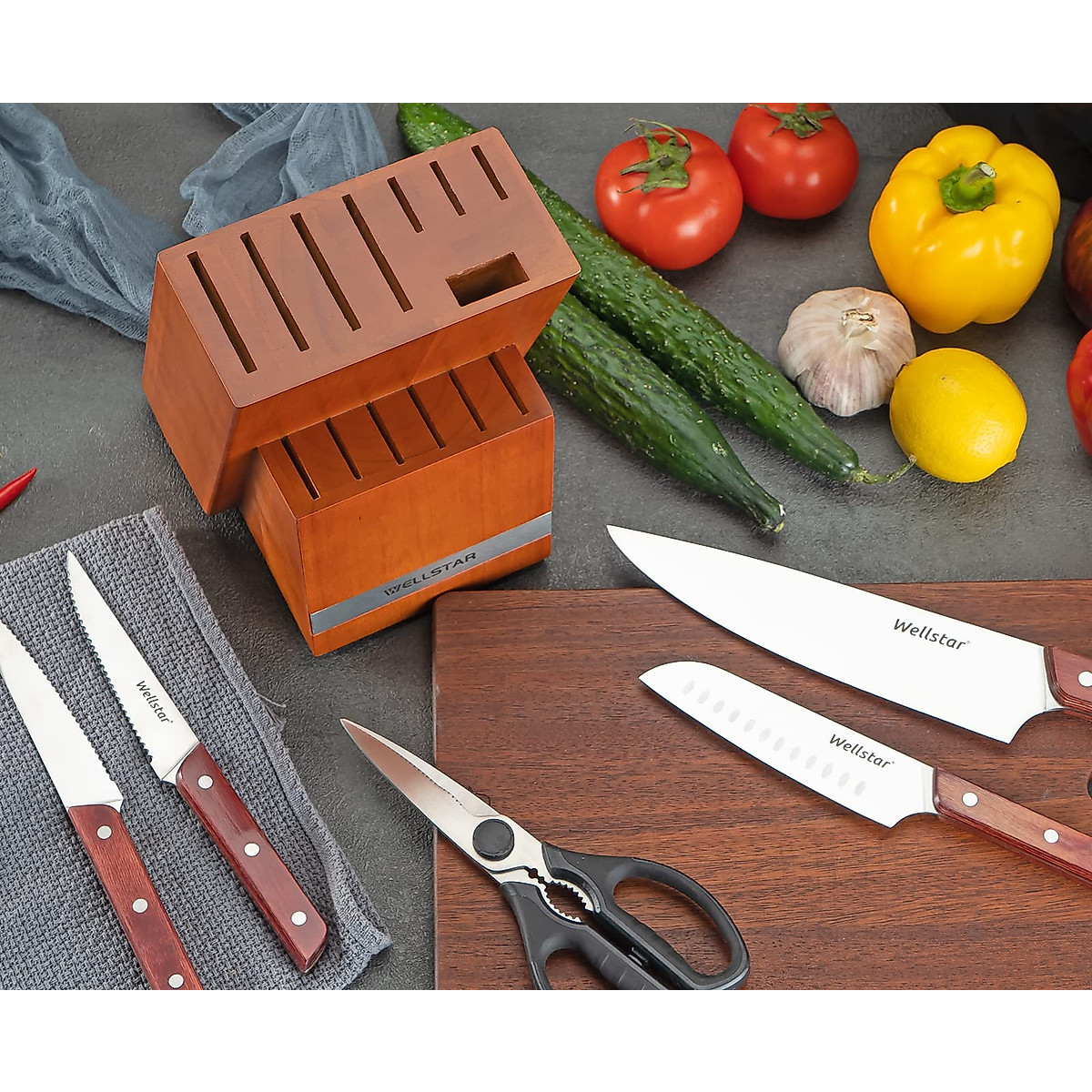 14 Slot Kitchen Knives Block, WELLSTAR Natural Wood Knife Holder without Knives – Hard Wood Countertop Knife Storage – Brown