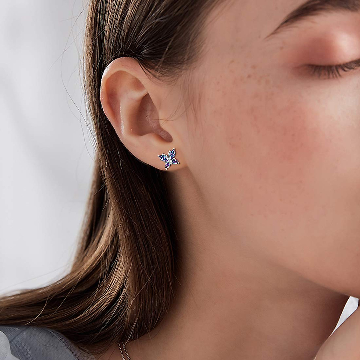 Hipunk Butterfly Mystic-Rainbow-Topaz Earring Studs Birthstone Women 925 Sterling Silver Fire-Topaz Birth Stone Animal Butterflies Stud Earring Crystal Birthday Jewelry SE0016C