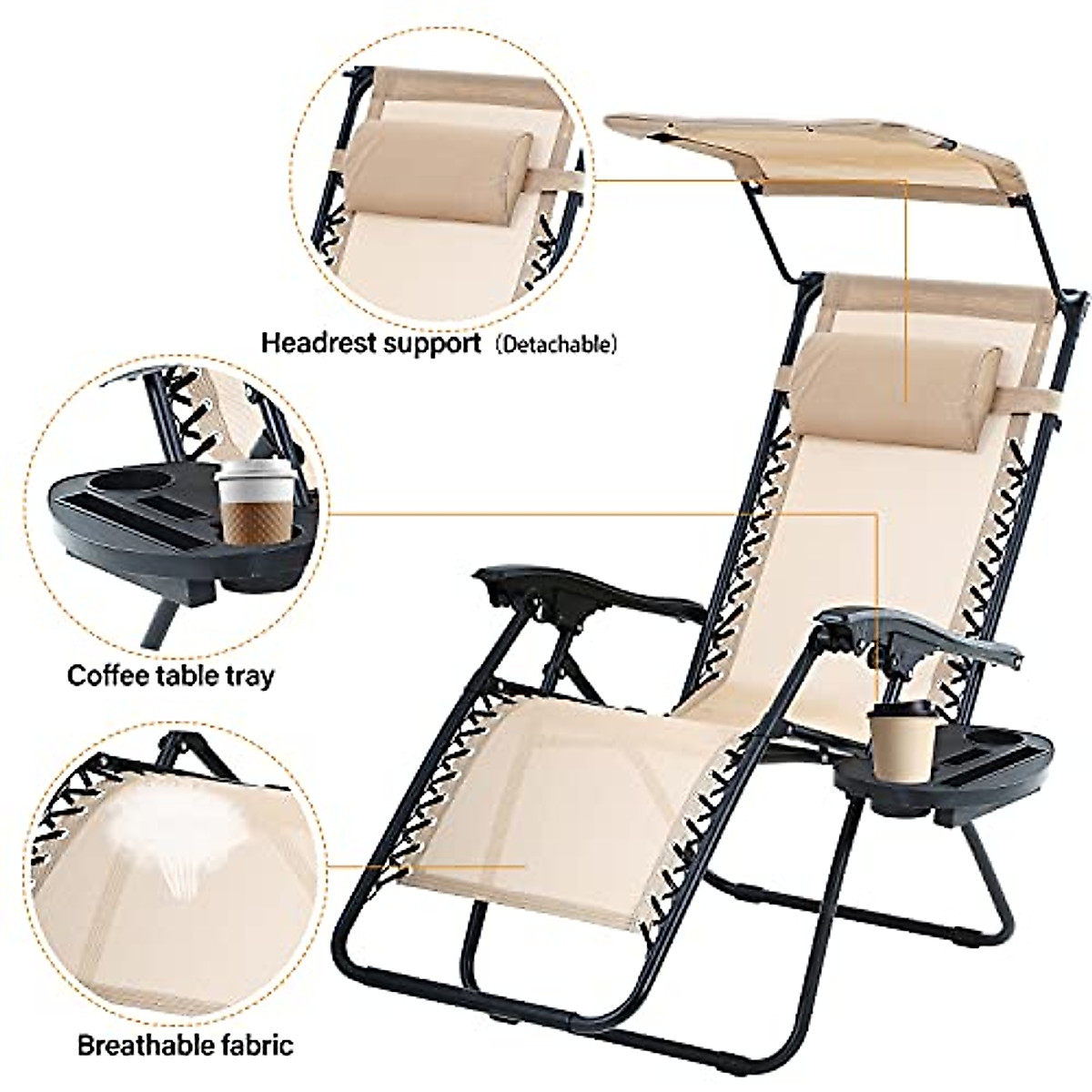 FDW 2 PCS Zero Gravity Chair Lounge Chairs Patio Chairs with Canopy Cup Holder for Outdoor Patio Seaside (Tan)