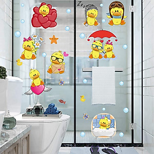 WOYINIS Cute Little Yellow Duck Wall Stickers Peel & Stick Little Yellow Duck and Bubbles Wall Stickers Set DIY Removable Summer Wall Decal Stickers Kids Room Playroom Bathroom Decor
