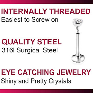 bodyjewellery 3pcs 16g 5/16 Labret Stud Lip Ring Snake Bite Conch Forward Helix Monroe Tragus Dahlia Marilyn Internally Threaded - Clear