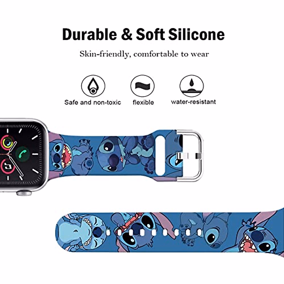 Sjiangqiao Compatible with Apple Watch Bands Stitch 41mm 40mm 38mm Cute Cartoon Band Lovely Style Replacement Strap Soft Silicone Chic Cartoon Design Pattern Sports Bands for iWatch Series SE/SE2 8 7 6 5 4 3 2 1 Men Women(Blue)