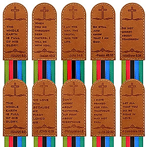 10 Pieces Christian Leather Bookmark Gifts Bible Bookmark Bible Verse Inspirational Bookmarks Artificial Leather Multi Page Marker with 5 Colorful Ribbons for Men Women Book Lovers Readers