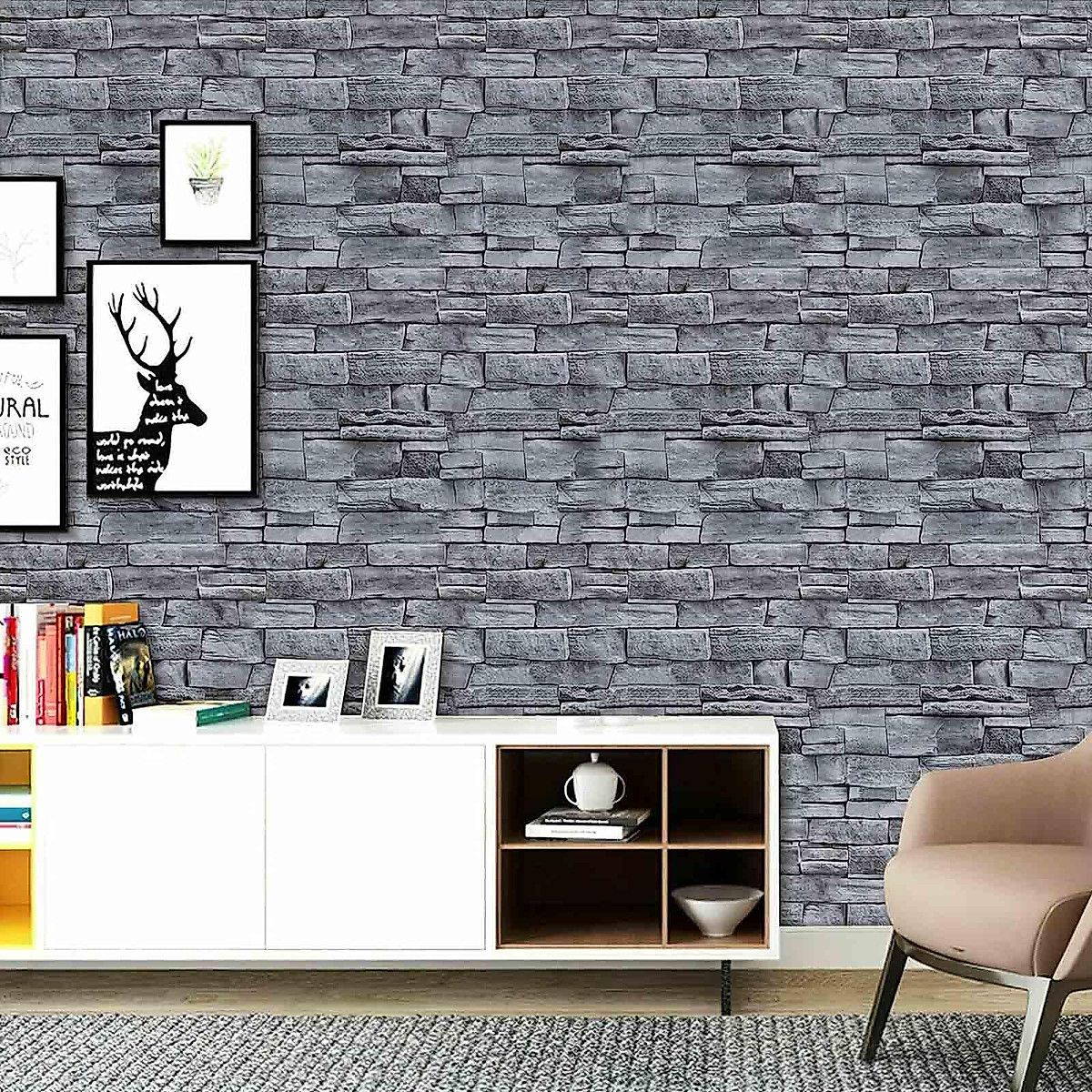 practicalWs 17.71" x 393.7" Grey Brick Stone Peel and Stick Wallpaper 3D Removable Decoration Wall Paper Self-Adhesive Contact Paper Stick on Wall Panels Backsplash Bedroom Wall