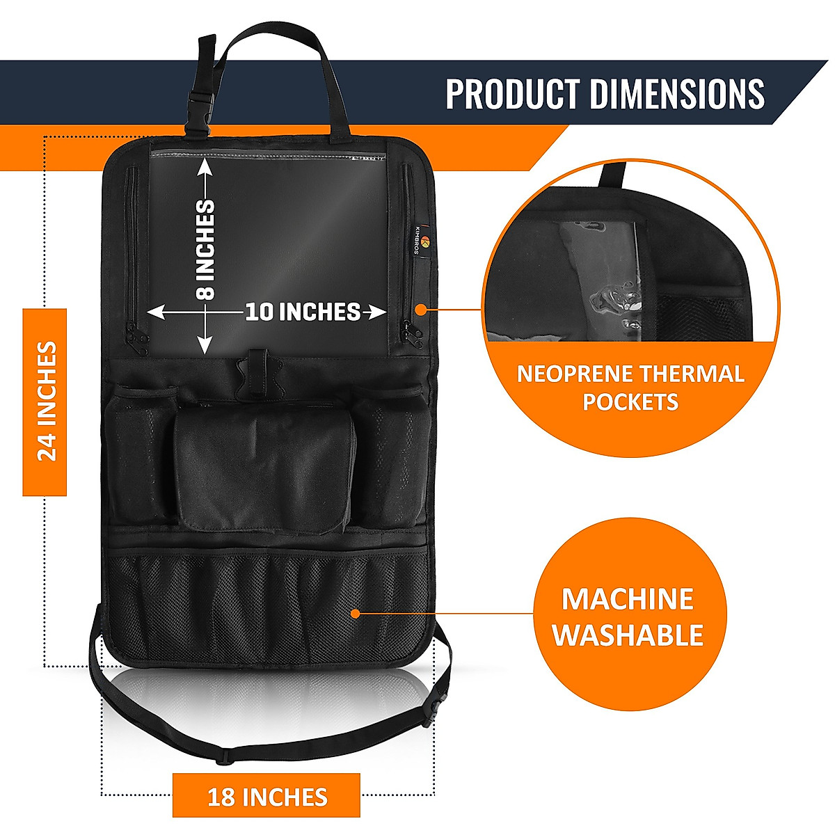 Kimbros Backseat Organizer with Tablet Holder for any age, (Holds IPAD PRO 10.5), Multiple Pockets, Side Double zipper for cables, Extra Long Harness with buckle for any size car, Baby wipe pouch