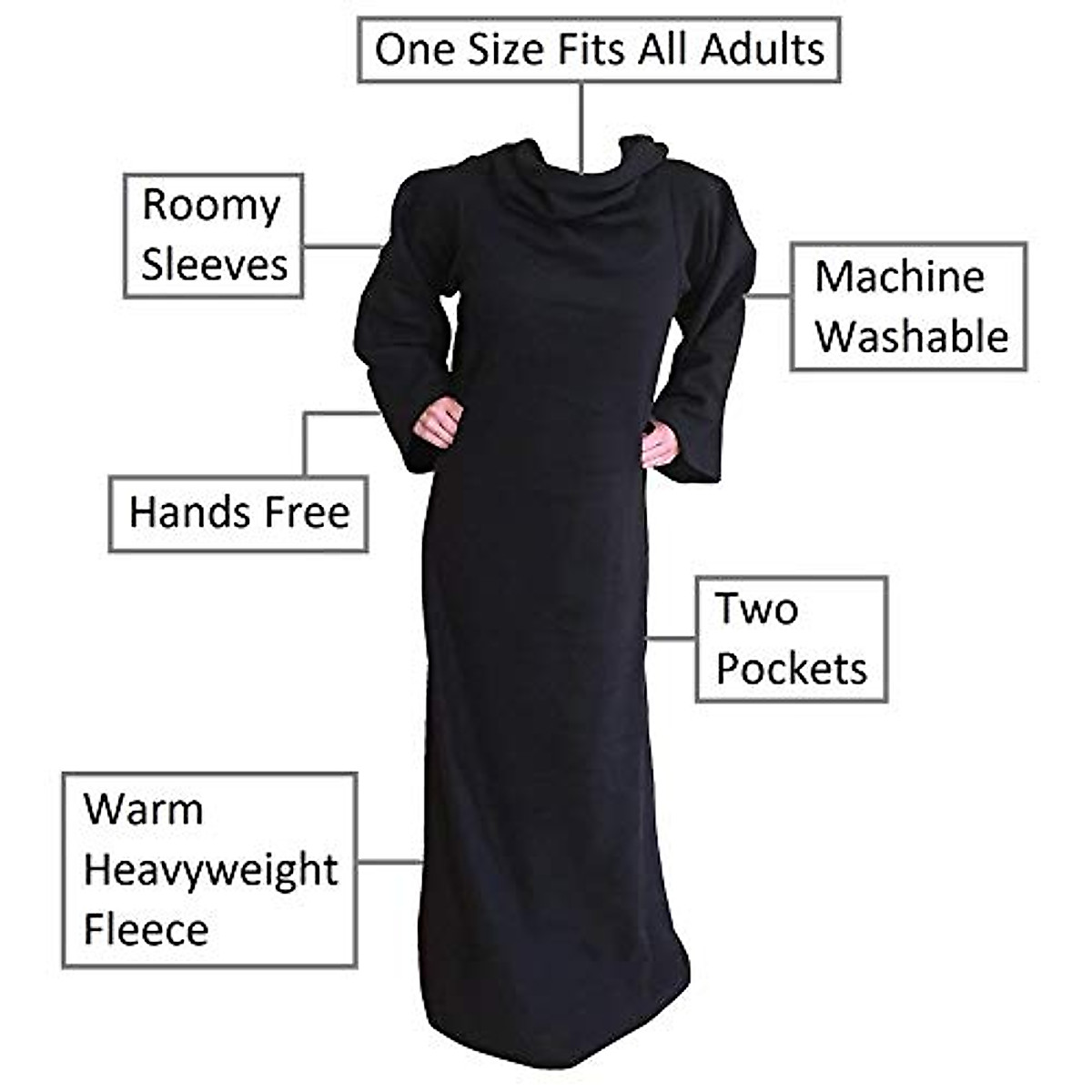 LA-Z Blanket Premium - Deluxe, Super Warm Wearable Reading Blanket with Pockets and Sleeves for Adults (Black)