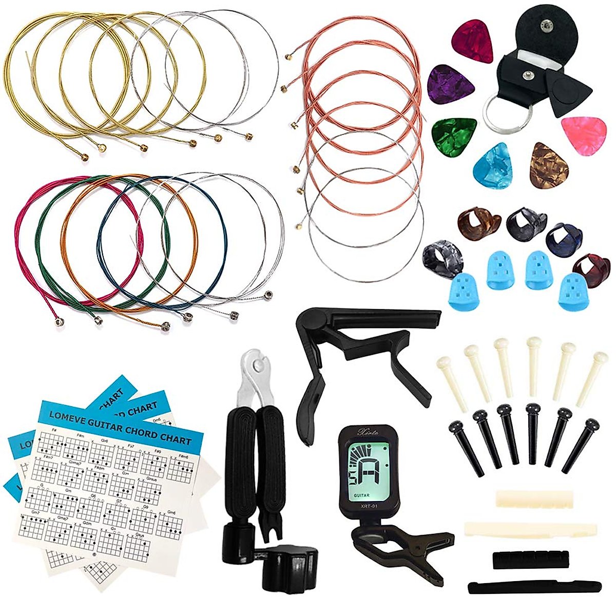LOMEVE Guitar Accessories Kit Include Acoustic Strings, Tuner, Capo, 3-in-1 Restring Tool, Picks, Pick Holder, Bridge Pins, Nuts & Saddles, Finger Protector, Chord Chart (58PCS)