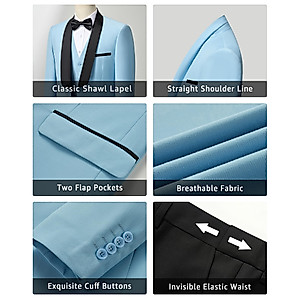 YND Men's 3 Piece Slim Fit Tuxedo Suit Set, One Button Shawl Lapel Solid Blazer, Jacket Vest Pants with Bow Tie, Maroon Collar Black