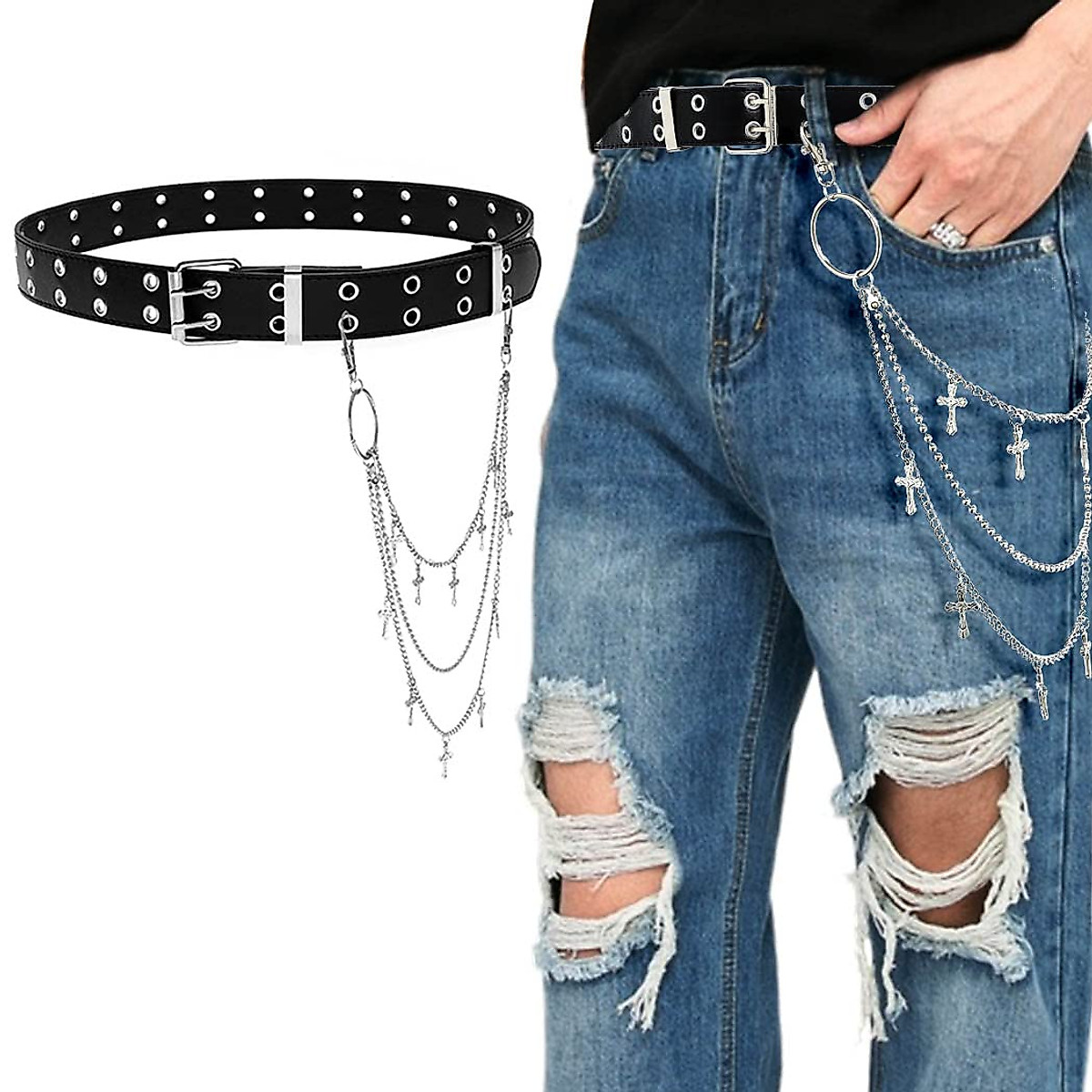 Jemiwa Grommet Leather Belt with Detachable Chain Punk Aesthetic Waist Belt Rock Style Jeans Belt Chains (E)