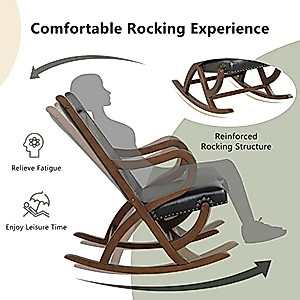 Giantex Rocking Chair with Cushion, Modern PU Leather Rocker, Rubber Wood Frame, Ergonomic Backrest Armrest, Single Rocking Chair for Nursery Living Room Bedroom Lounge Office (1, Black & Brown)