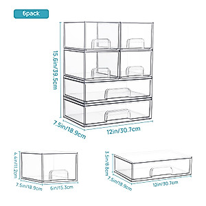 Vtopmart Stackable Storage Drawers Set of 6, Clear Plastic Organizer Bins for Bathroom Supplies,Ideal for Cabinet,Pantry,Laundry Room Organization