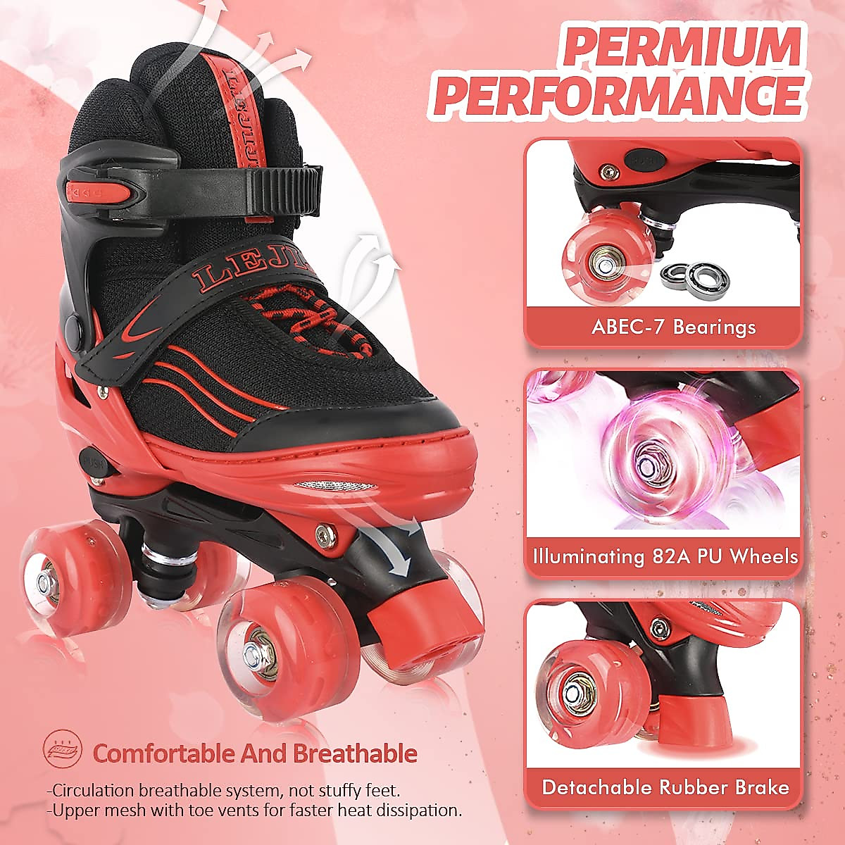 LEJIJIT Roller Skates for Kids Boys Girls Toddler Ages 3-12, Adjustable 4 Sizes for Kids and Youth Teen with Light Up Wheels, Quad Red Roller Skates for Sports (Youth 4Y-7Y)