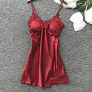 Aniywn Sexy Sleepwear Women's Spaghetti Strap Lace Trim Satin Full Slip Dress Lingerie Chemise Nightgowns Babydoll Dress Wine