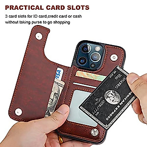 ONETOP Compatible with iPhone 13 Pro Wallet Case with Card Holder, PU Leather Kickstand Card Slots Case, Double Magnetic Clasp Durable Shockproof Cover 6.1 Inch(Brown)