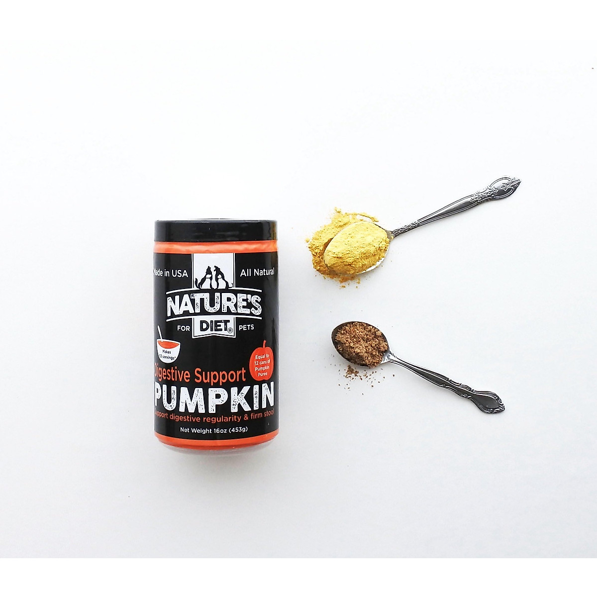 Nature's Diet Pet Dried Pumpkin Powder Digestive Support Natural Fiber for Firm Stool, Regularity (16 oz = 53 Servings)