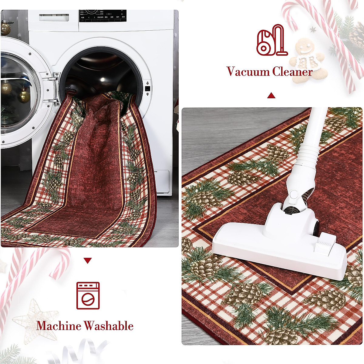 RUGSREAL Christmas Area Rug 8x10 Non Slip Washable Rug Pine Cones Area Rug Low Pile Ultra Thin Indoor Throw Carpet Rug for Laundry Dining Room, Red