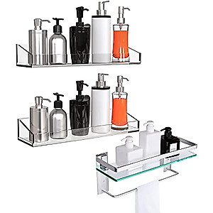Vdomus Acrylic Bathroom Shelves, Wall Mounted no Drilling Thick Clear Storage & Display shelvings, 2 Pack (Original) and Tempered Glass Bathroom Shelf with Towel bar Wall Mounted Shower Storage