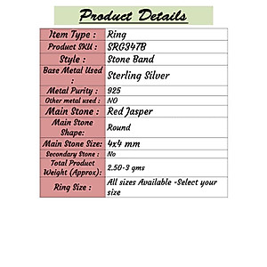 Red Jasper Gemstone Silver Band Ring for Women Solid 925 Sterling Silver Ring Handmade by Goyal Exports SRG347B (US-3)