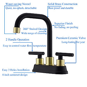 Zexzen 2 Handle Bathroom Faucet Black and Gold, 4 Inch Centerset Bathroom Sink Faucet with Pop Up Drain, Bathroom Faucet 3 Hole with Two Water Supply Lines (Brushed Gold and Black)