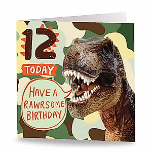 Maturi '12 Today. Have A Rawrsome Birthday' Dinosaur Greetings Card - Blank Inside, 6” x 6” Square