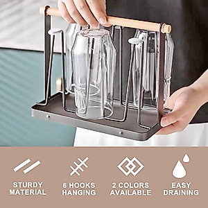 BYFU Cup Drying Rack Stand with Drain Tray, Metal Bottle Drying Organizer with Wood Handle for 6 Cups or Mugs