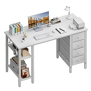 Lufeiya White Desk with Drawers & Storage Shelves, 47 Inch Study Work Writing Desk for Home Office Bedroom, Simple Modern Cute PC Computer Desks Table, White