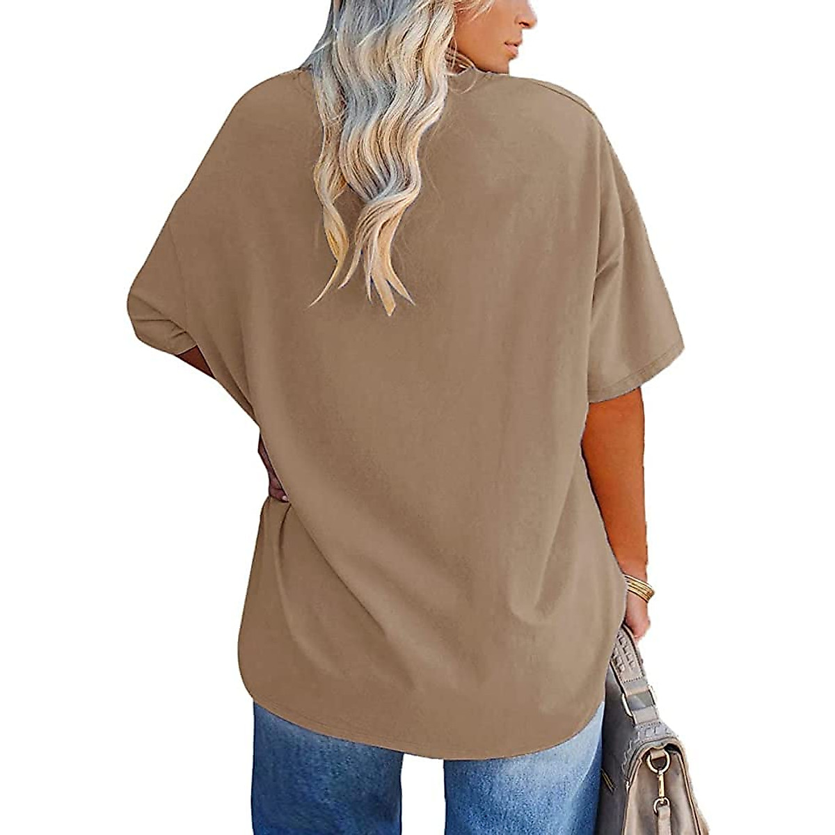 Fisoew Womens Plus Size T-Shirts Summer Oversized Half Sleeve Crew Neck Tunic Tops Tees Khaki