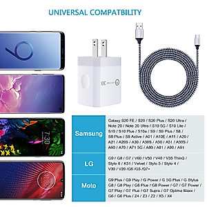 Quick Charge 3.0 Adaptive Fast Charging USB Adapter Wall Charger Plug with 2Pack 6ft Type C Cable for Samsung Galaxy S23 S22 S21 Ultra S20 FE Note 20 A14 A53 A13 A02S A12 A21 A51 A10E A50 A71 S10 S9