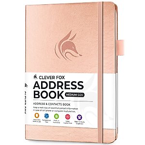 Clever Fox Address Book with alphabetic tabs - PU leather telephone and address book for keeping contacts safe, Contact Organizer Journal, Medium Size (5.3″ x 7.7″) Hardcover, Rose Gold