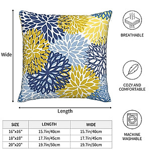 ChangQingArt Throw Pillow Cover Farmhouse Decorative Cotton Linen Pillow Cover Green Spring Flower Blue Yellow and Navy Chrysanthemum Brown Square Cushion Covers Sofa Bed Décor 16x16 inch